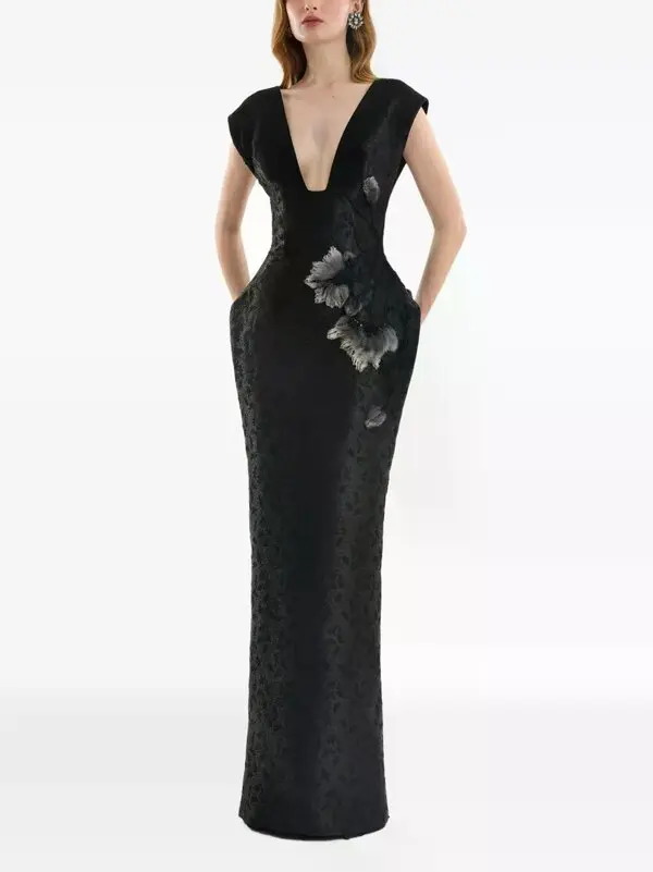 GEMY MAALOUF Plunging Jacquard Maxi Dress - Black