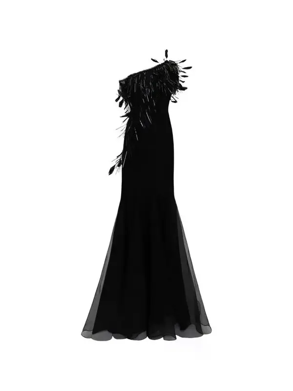 GEMY MAALOUF Asymmetrical Feather Neckline Dress - Black