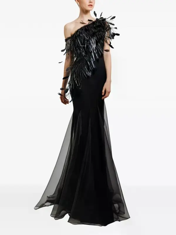 GEMY MAALOUF Asymmetrical Feather Neckline Dress