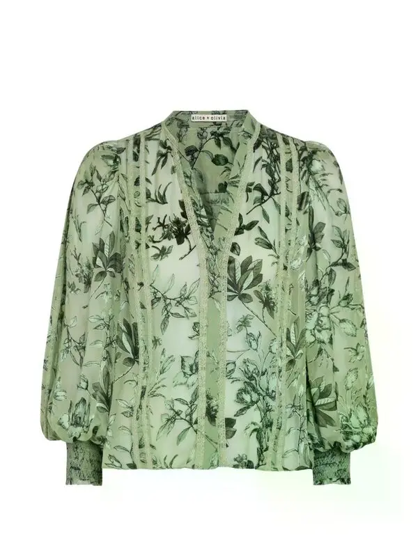 Alice + Olivia Floral-print Lace-trim Blouse - Green