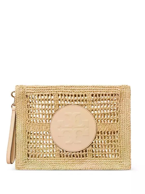 Tory Burch Logo Patch Woven Raffia Clutch With Wristlet - Neutrals