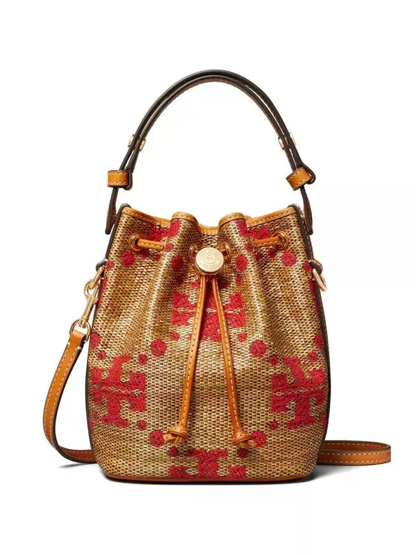 Tory Burch T Monogram Straw Mini Bucket Bag - Neutrals
