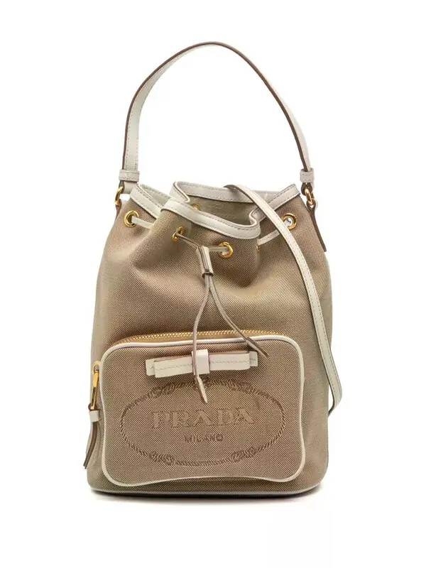 Prada Canvas Canapa Logo Bow Drawstring Bucket Bag Satchel - Brown