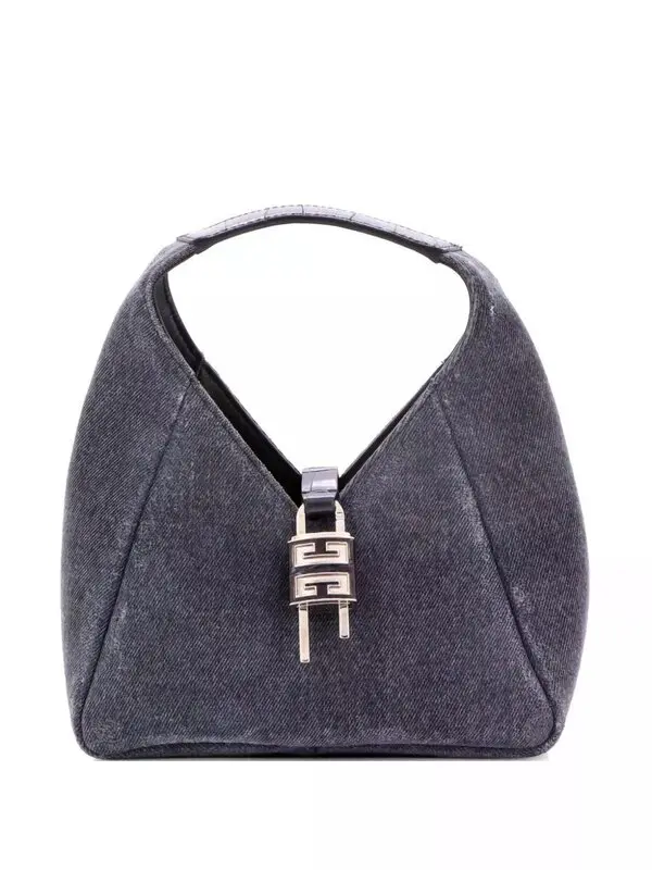 Givenchy Padlock Washed Denim And Crocodile Embossed Leather Mini Hobo Bag - Grey