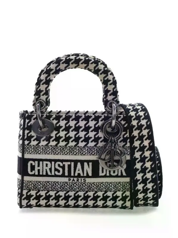 Dior 2022 Mini Embroidered Canvas Houndstooth Lady D Lite Satchel - White