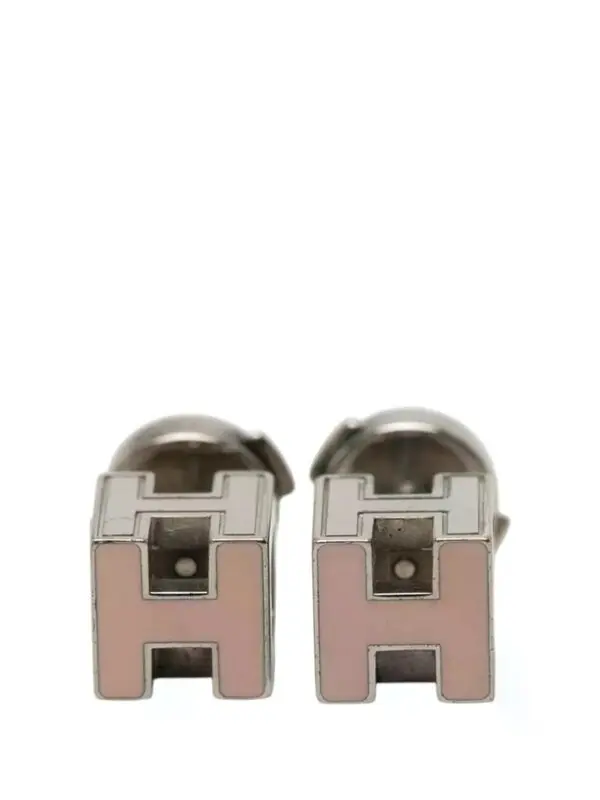 Hermès 20th Century Palladium Plated Enamel Cage Cube Earrings - Pink