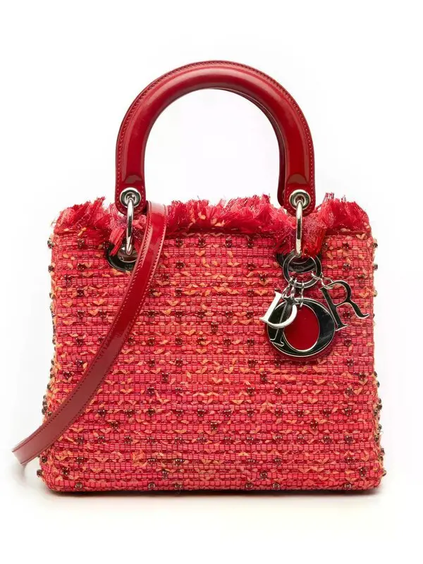 Dior 2012 Medium Tweed Fringe Rhinestone Lady Satchel - Red