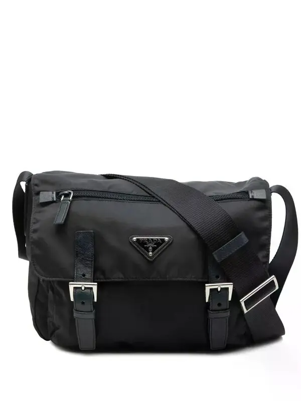Prada 2013-2026 Saffiano Trimmed Tessuto Zip Double Buckle Messenger Bag Crossbody Bag - Black