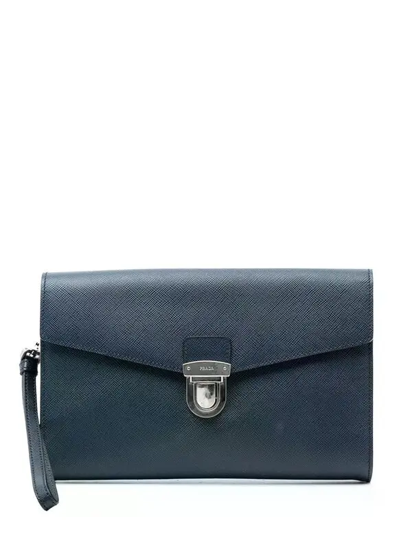 Prada 2000-2013 Saffiano Envelope Pushlock Clutch Bag - Blue