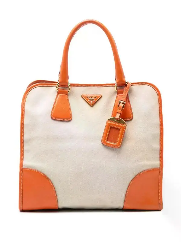 Prada Saffiano Trimmed Canapa Satchel - Orange