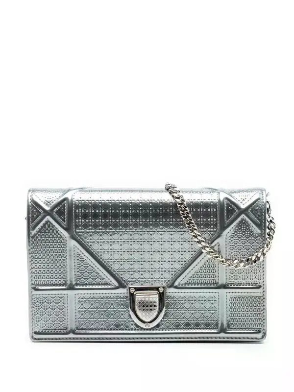 Dior Metallic Patent Microcannage Diorama Wallet On Chain - Silver