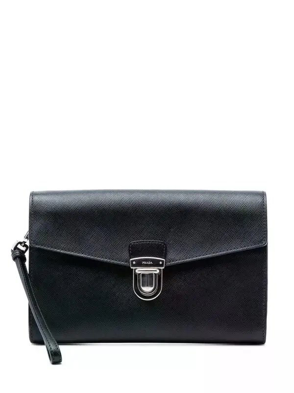 Prada 2000-2013 Saffiano Envelope Push Lock Clutch Bag - Black