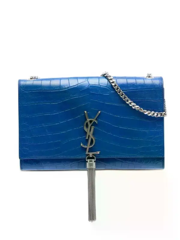 Saint Laurent 2015 Medium Croc Embossed Leather Kate Tassel Crossbody Bag - Blue