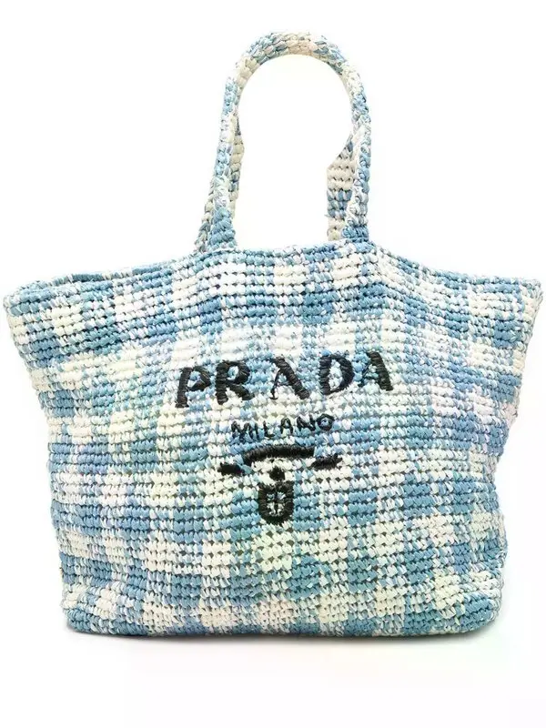Prada Large Raffia Effect Crochet Embroidered Logo Tote Bag - Blue