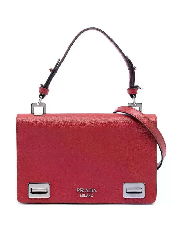 Prada 2013-2026 Saffiano Double Turn Lock Top Handle Bag Satchel - Red