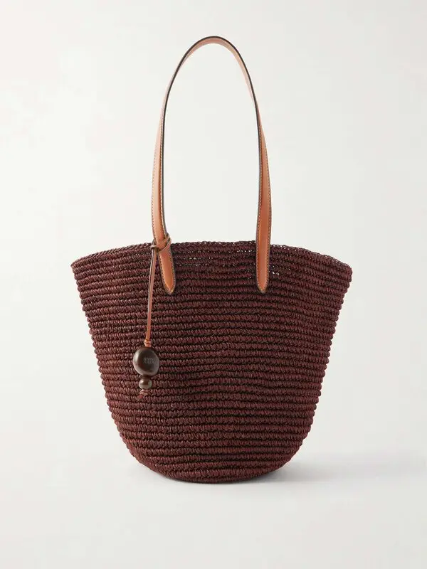 HUNTING SEASON Market Leather-trimmed Raffia Tote - Dark Brown