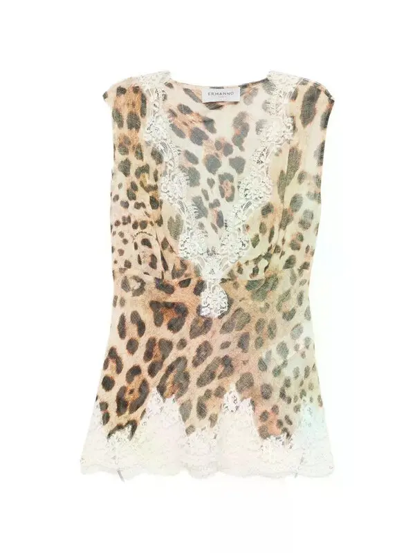 ERMANNO FIRENZE Leopard-print Lace-trim Top - Neutrals