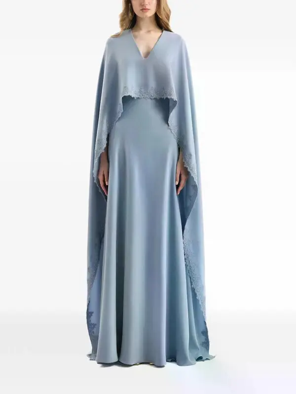GEMY MAALOUF Embroidered Cape V-neck Maxi Dress - Blue