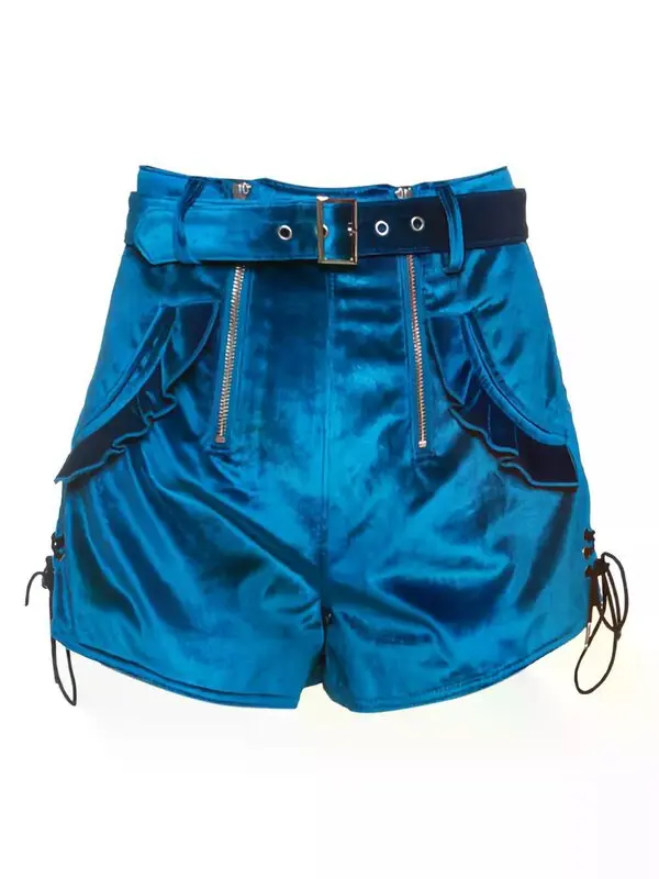 SELF-PORTRAIT Belted Ruffled Shorts - Blue