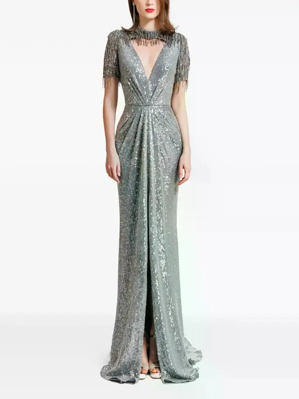 GEMY MAALOUF Embroidered Sequins Maxi Dress - Silver