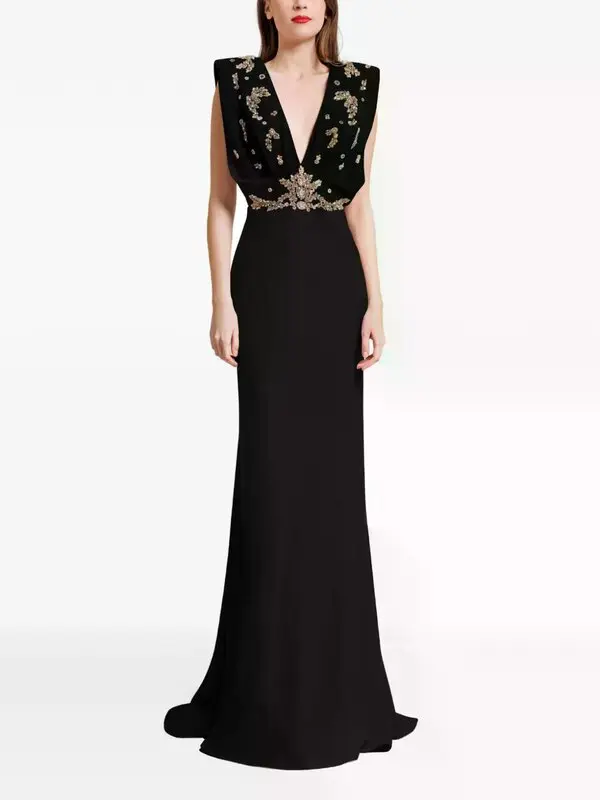 GEMY MAALOUF V-neck Embellished Maxi Dress - Black