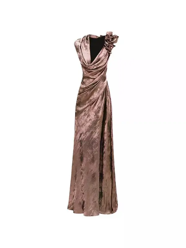 GEMY MAALOUF Shimmer Sandwash Flowers Maxi Dress - Brown