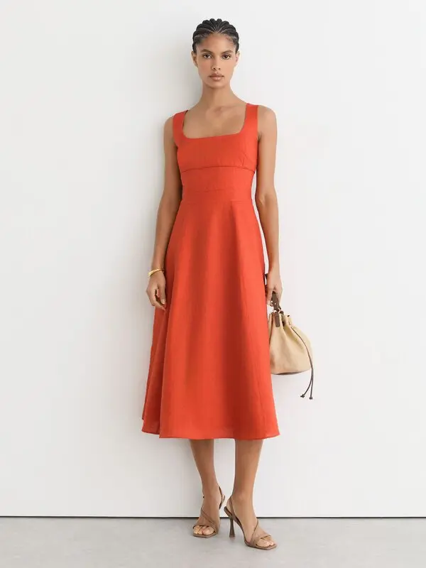 REISS Dorethea Linen Midi Dress - Coral Orange