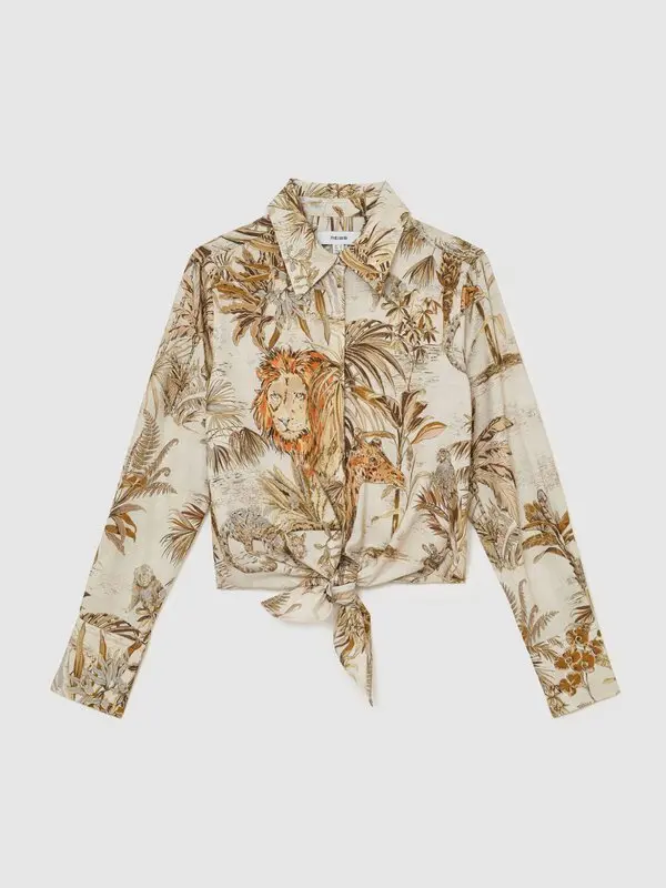 REISS Cece Safari-print Tie-front Shirt