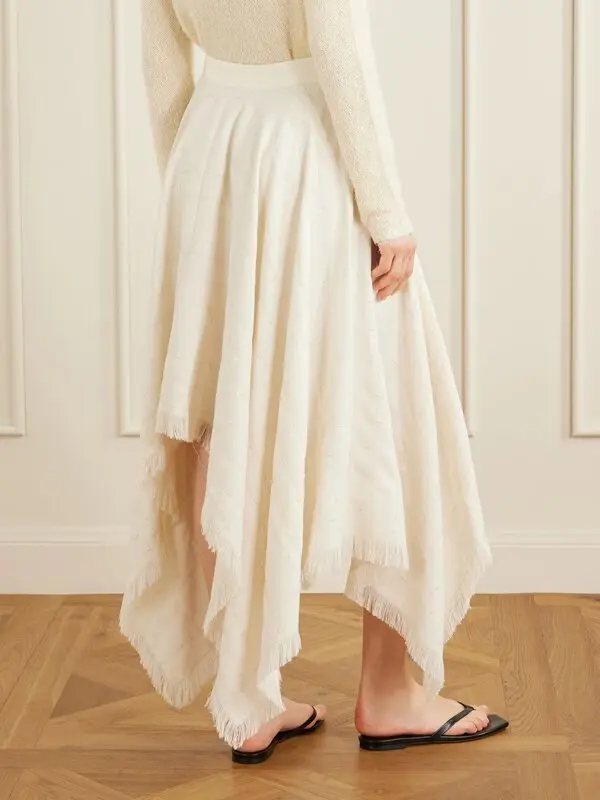 Kallmeyer Frayed Asymmetric Tweed Midi Skirt - Neutrals | Editorialist