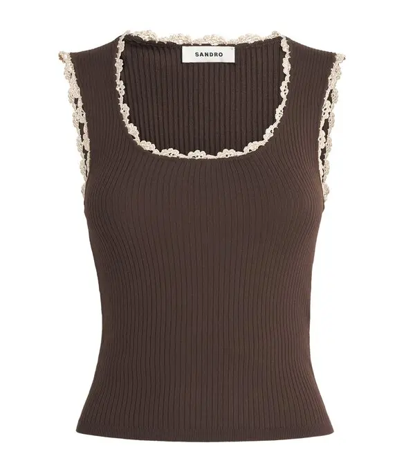 Sandro Crochet-trimmed Rib-knit Tank Top - Brown
