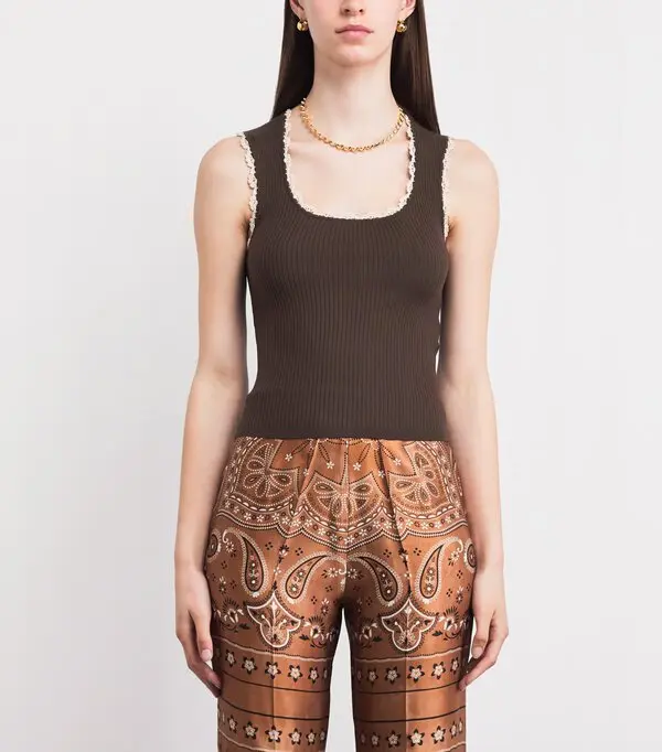 Sandro Crochet-trimmed Rib-knit Tank Top - Brown