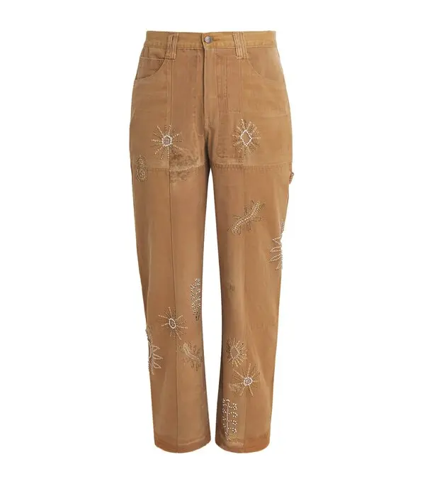 KARTIK RESEARCH Embroidered Upcycled Cotton Canvas Trousers - Brown