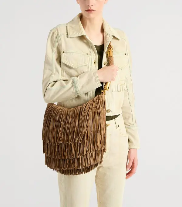 Balmain Suede Fringe Ébène Shoulder Bag - Brown