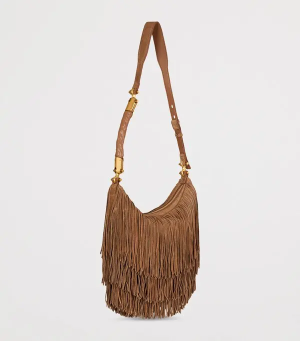 Balmain Suede Fringe Ébène Shoulder Bag - Brown