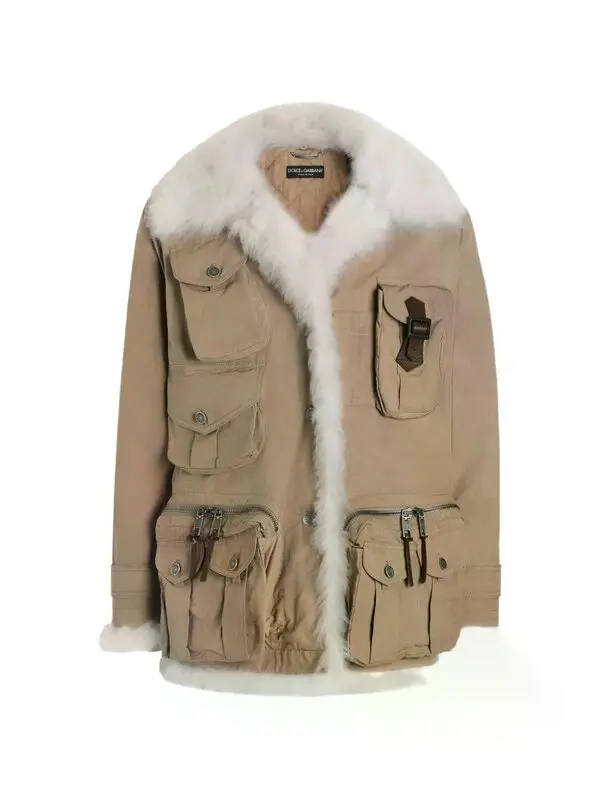 Dolce & Gabbana Waxed Faille Jacket With Fur Trim - Neutrals