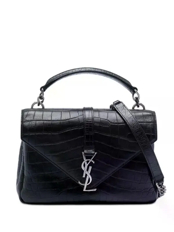 Saint Laurent 2016 Medium Croc Embossed Leather College Satchel - Black