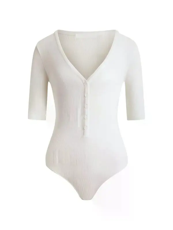 12 STOREEZ Ribbed V-neck Bodysuit With Button Fastening