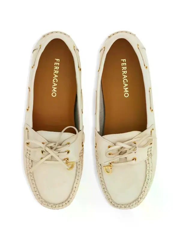 FERRAGAMO Leather Lace-up Boat Shoes - White