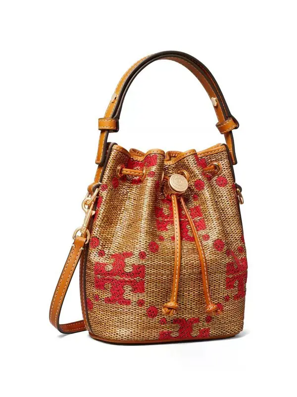 Tory Burch T Monogram Straw Mini Bucket Bag