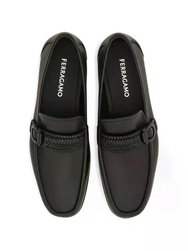 FERRAGAMO Calfskin Braided Gancini Loafers - Black