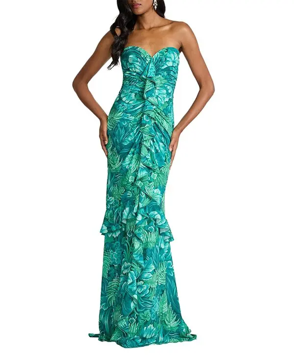 Tadashi Shoji Cleta Foliage Print Cascading Ruffle Gown - Emerald Green/multi