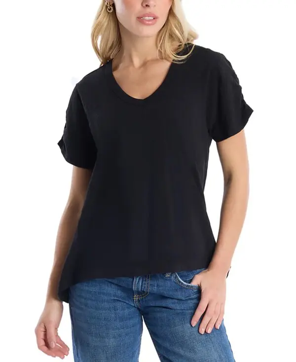 WILT CLOTHING Deep V-neck Ruched Sleeve Tee - Black