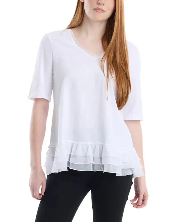 Wilt Elbow Sleeve Mixed Media Ruffle Hem Tee - White