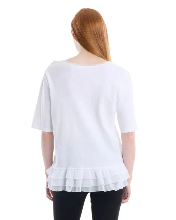 Wilt Elbow Sleeve Mixed Media Ruffle Hem Tee - White