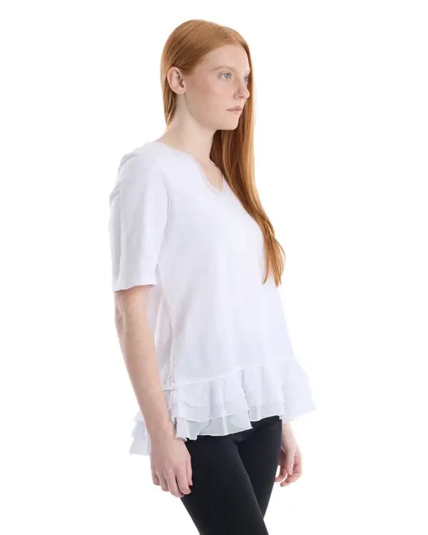 Wilt Elbow Sleeve Mixed Media Ruffle Hem Tee - White