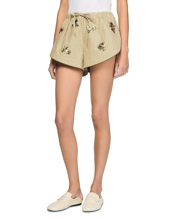Sandro Floral Embroidered Striped Shorts - Olive Green