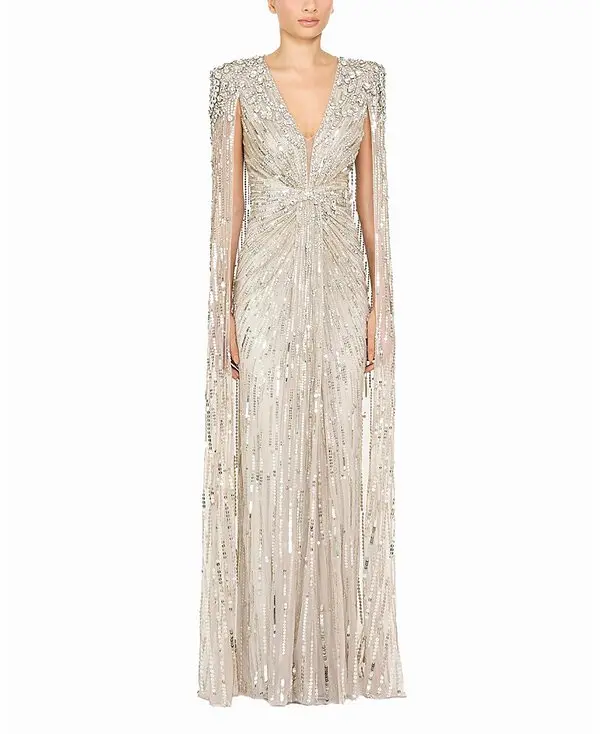 Jenny Packham Lotus Lady Sequin-embellished Cape Gown - Platinum