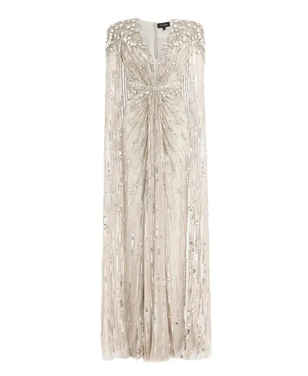 Jenny Packham Lotus Lady Sequin-embellished Cape Gown - Platinum