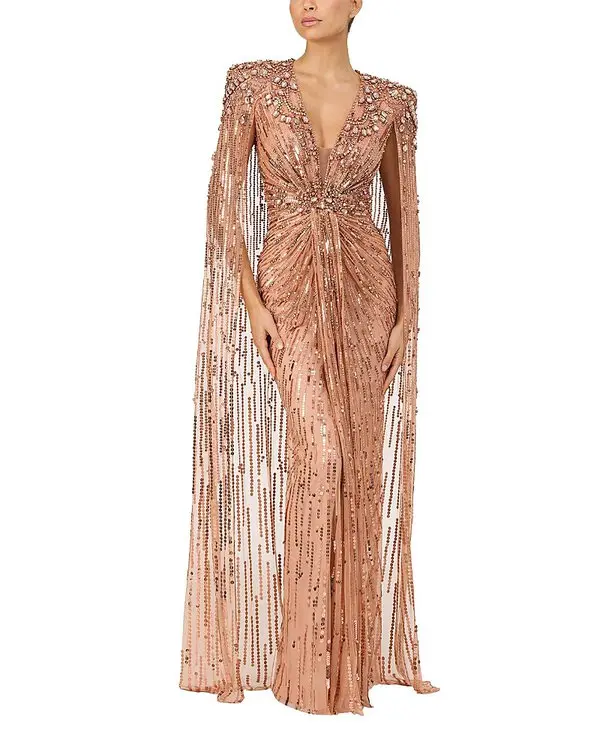 Jenny Packham Lotus Lady Sequin-embellished Cape Gown - Sable