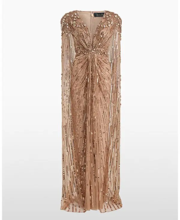 Jenny Packham Lotus Lady Sequin-embellished Cape Gown - Sable